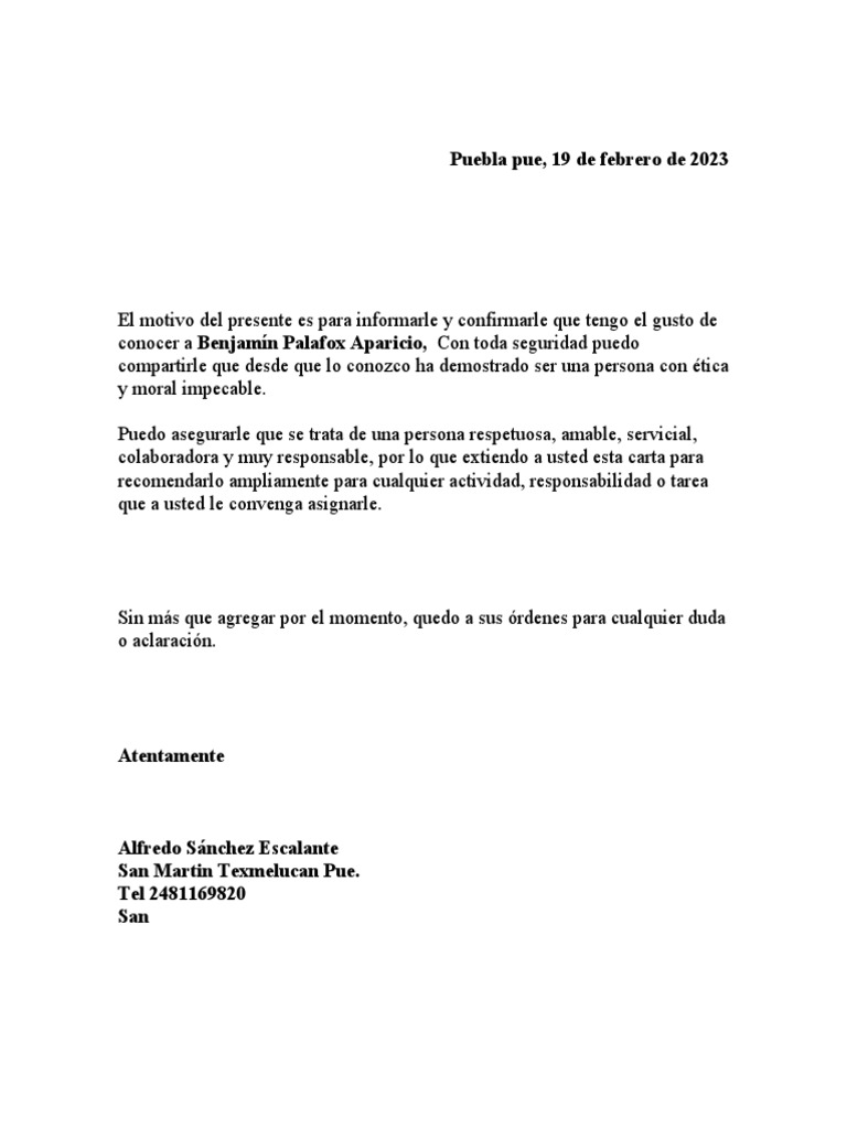 Carta de Recomendación Personal Word | PDF | Relaciones personales ...