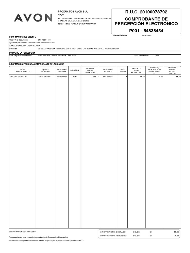 R.U.C. 20100078792 Comprobante de Percepción Electrónico P001 ...