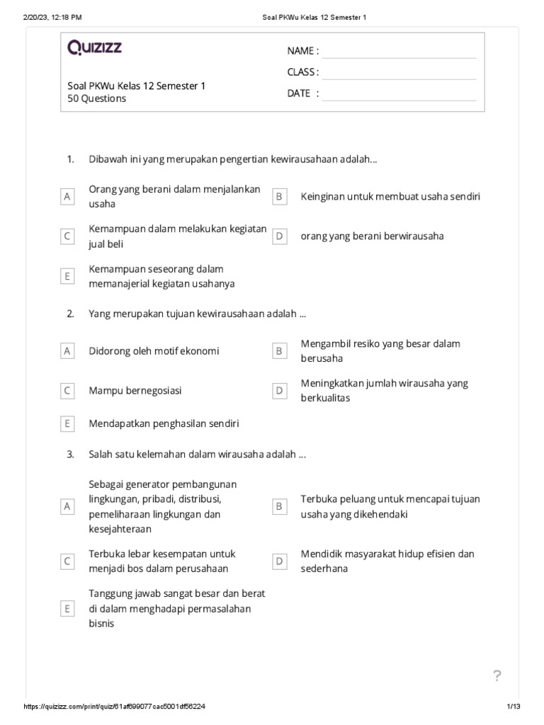 Soal PKWu Kelas 12 Semester 1 | PDF