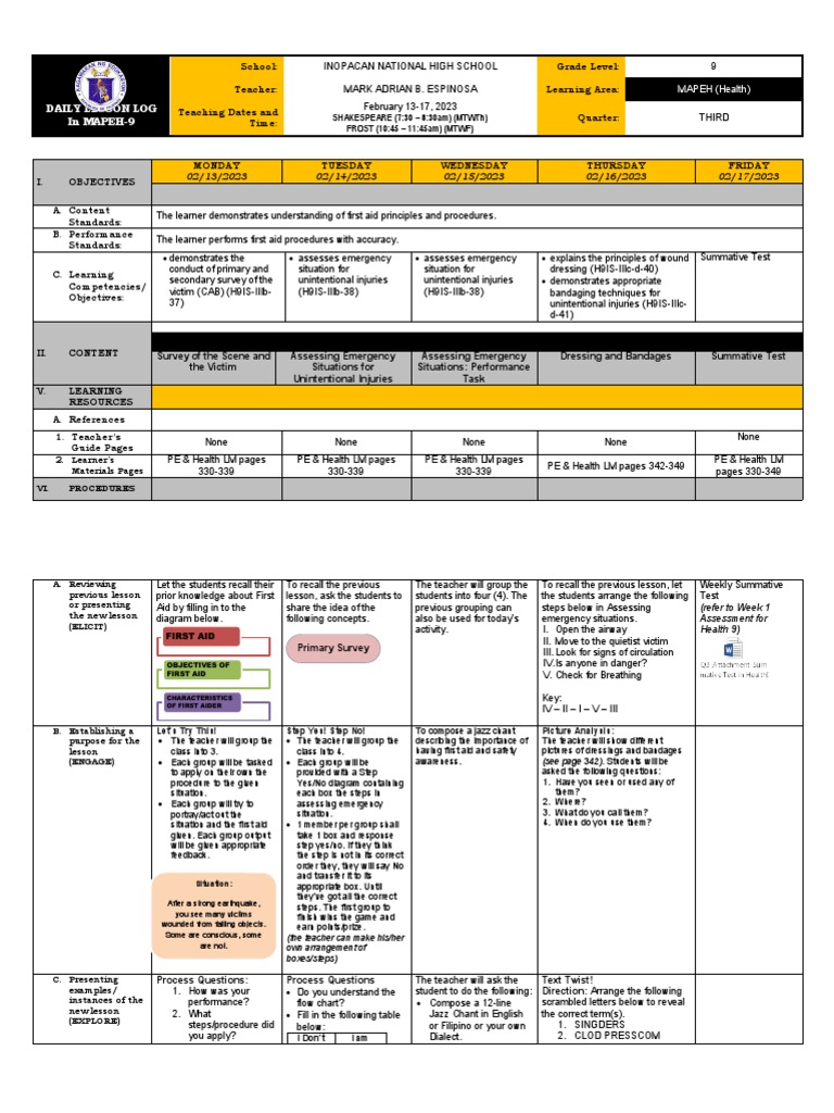 3q DLL Health9 Week1 | PDF | First Aid | Teachers