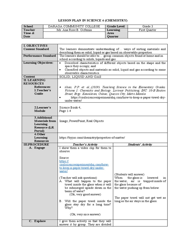 Grade 4 Science Lesson Plan: Matter | PDF | Matter | Gases