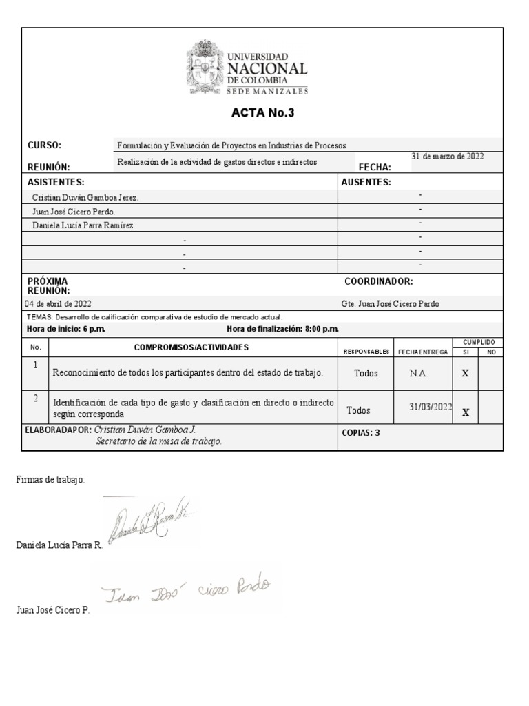 Acta 3 Formulación | PDF