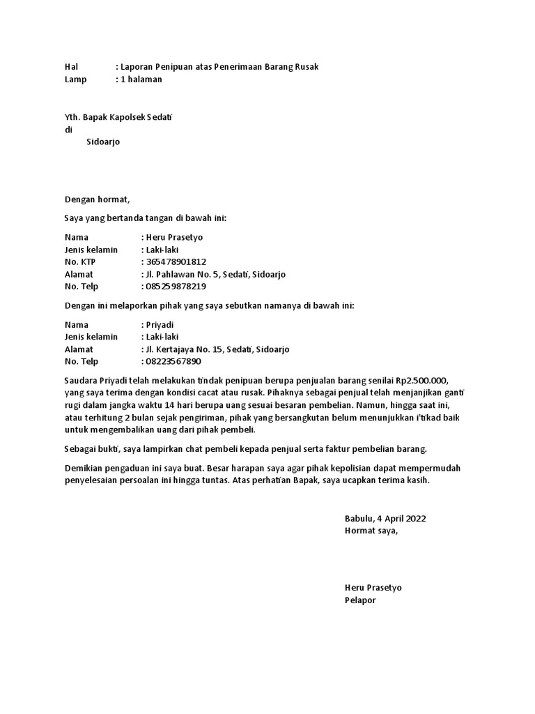 contoh pengaduan ke polisi | PDF