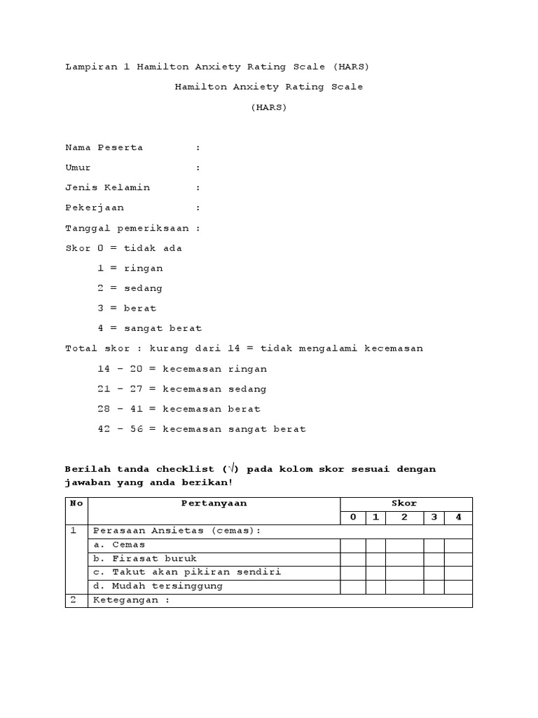 Lampiran 1 Hamilton Anxiety Rating Scale KUsioner Kecemasan | PDF