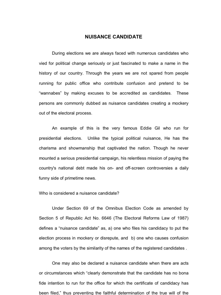 Nuisance Candidate Pdf Elections Article Two Of The United States
