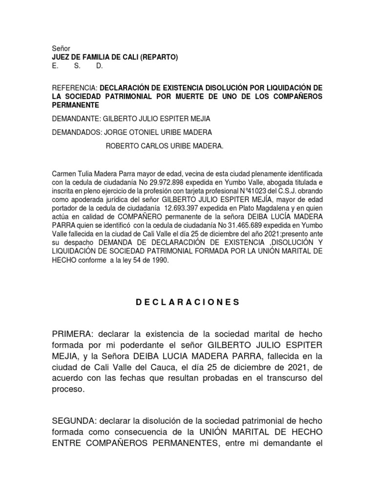 Demanda Union Marital de Hecho - Gilberto Espiter Mejia | PDF