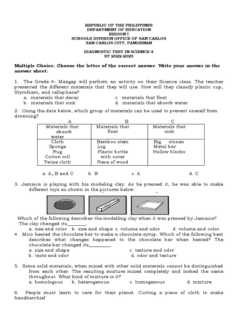 Grade 4 Science Diagnostic Test 2022-2023 | PDF | Shadow | Waste Management