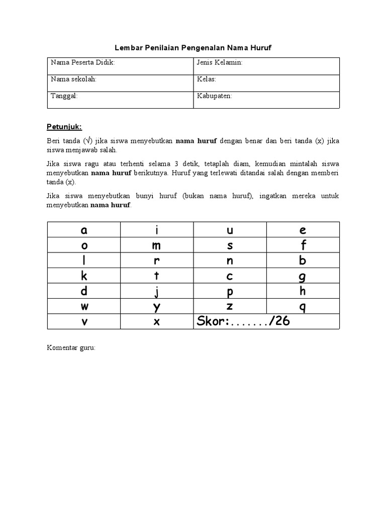 Lembar Penilaian Nama Huruf (1) | PDF