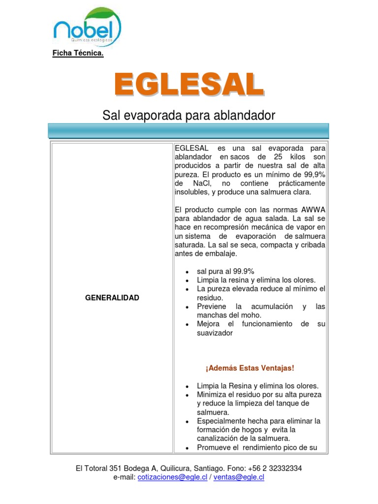 Ficha Tecnica Eglesal - Sal para Ablandador de Agua | PDF | sal | Agua