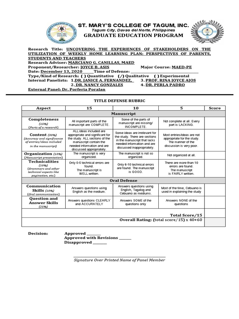 Rubrics For OUtline Defense | Download Free PDF | Learning | Linguistics