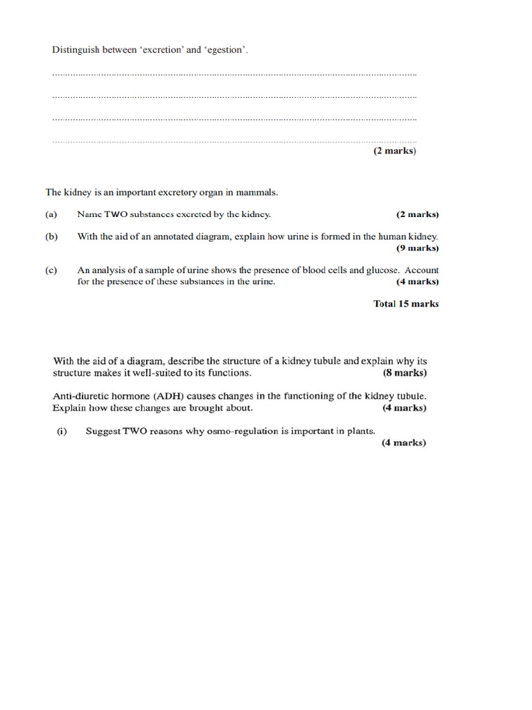 Excretion Past Paper Questions | PDF