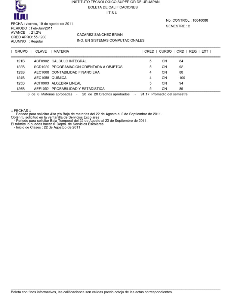 Calificaciones Tec 2do Semestre | PDF