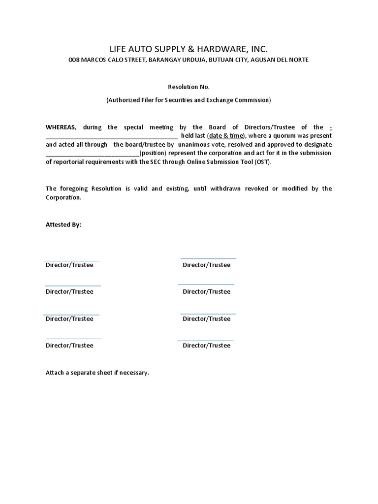 SEC Authorized Filer Board Resolution | PDF