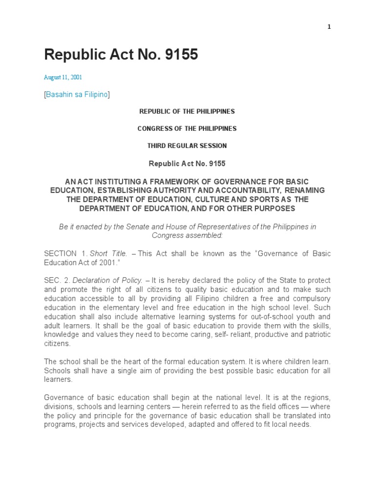 Republic Act No 9155 DepEd | Download Free PDF | Governance | Learning