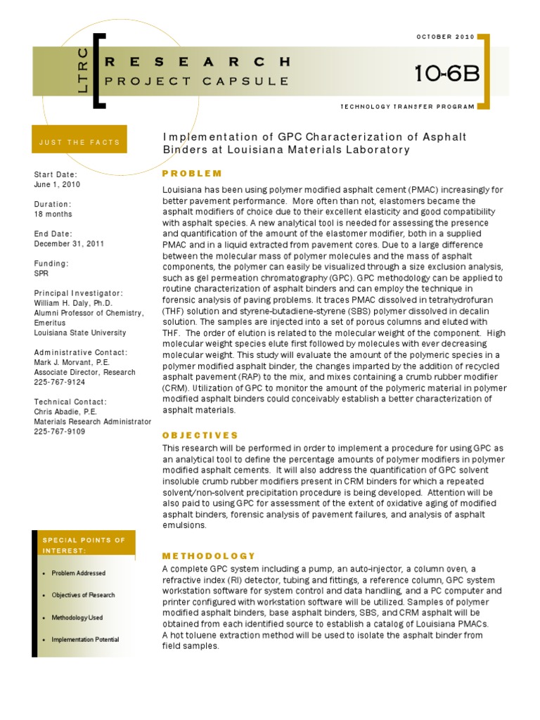 Ltrc Capsule 10 6b Implementation Of Gpc Characterization Of Asphalt Binders At Louisiana