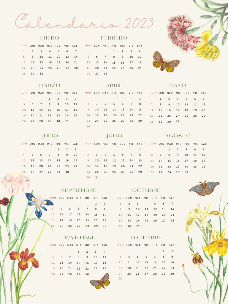 Calendario 2023 Flores Mariposas Vintage Beige | PDF