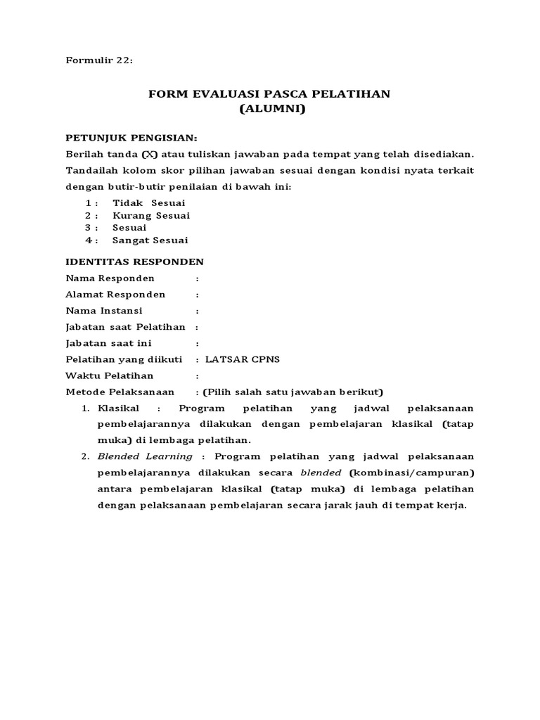 (Peserta Alumni) Form Evaluasi Pasca Pelatihan | PDF (Peserta Alumni) Form Evaluasi Pasca Pelatihan | PDF