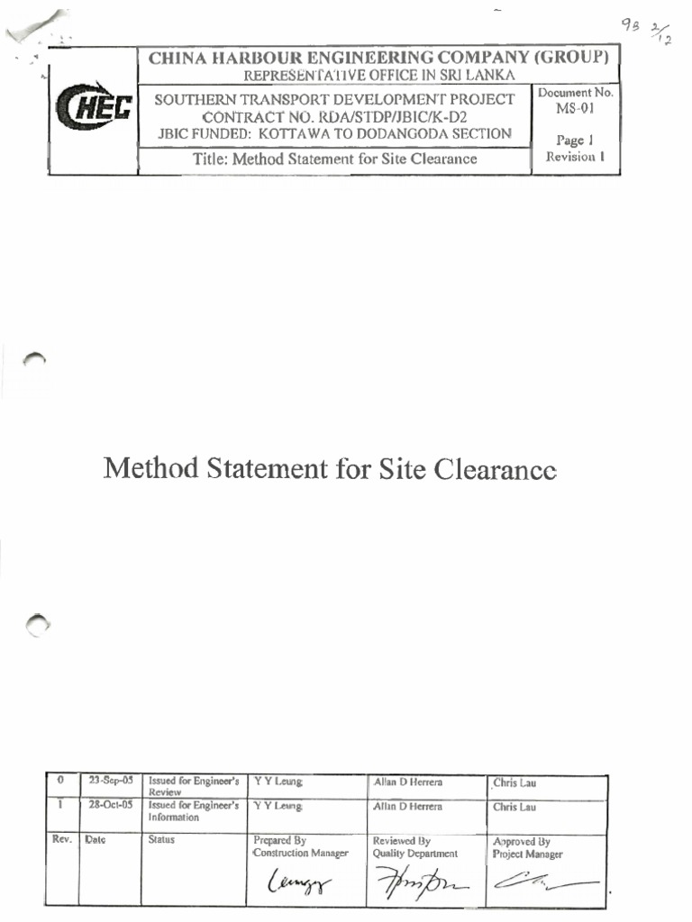 MS01 - Method Statement For Site Clearance - Rev 1 | PDF | Engineering ...
