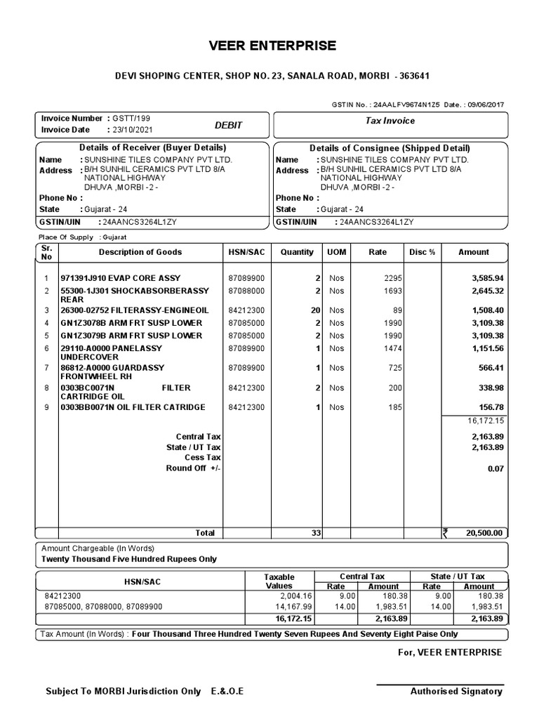 SEO Optimized Title for VEER ENTERPRISE Invoice for SUNSHINE TILES ...