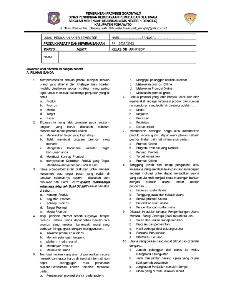 Soal Ujian Akhir Semester SMK Dengilo | PDF