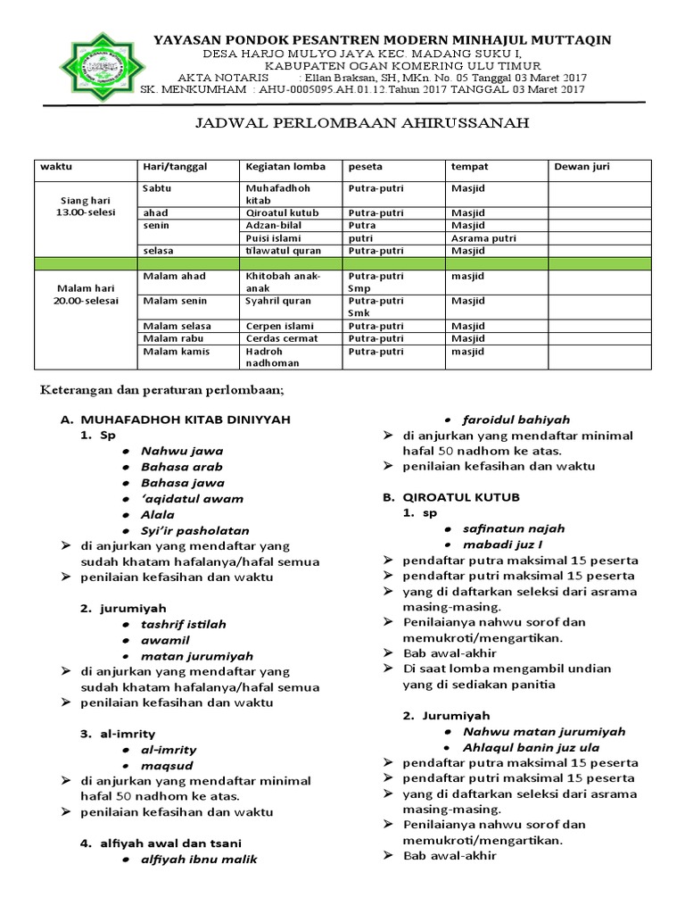 Jadwal Lomba Santri ppm3 | PDF
