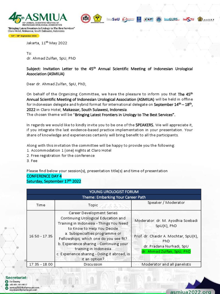 Invitation Letter To The 45th Annual Scientific Meeting of Indonesian Urological Association ...