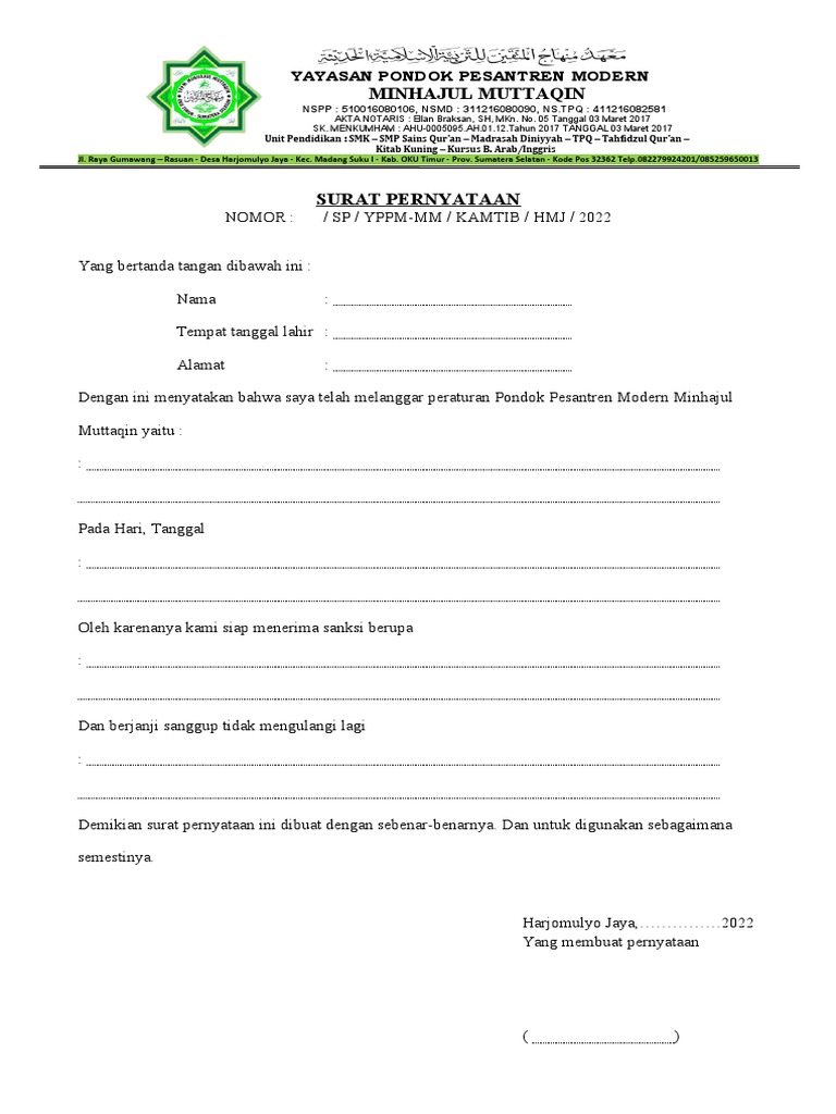 Surat Pernyataan Pondok | PDF