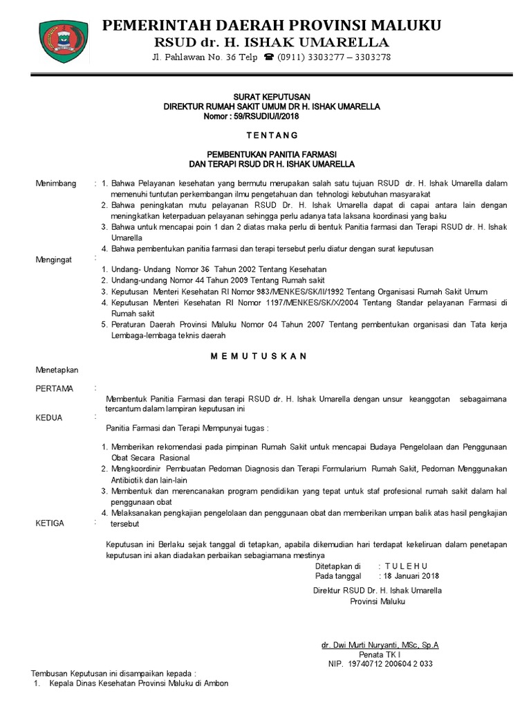 PKPO 2.1 SK Pembentukan Panitia Farmasi Dan Terapi f4 | PDF ...