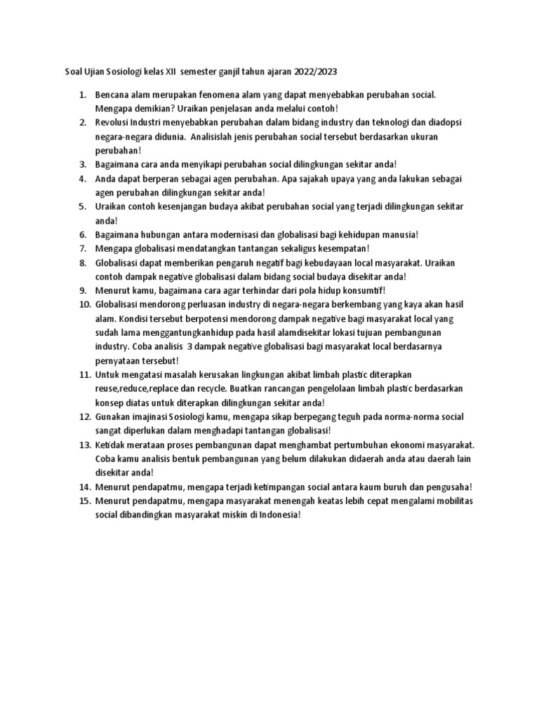 Soal Ujian Sosiologi Kelas XII Semester Ganjil Tahun Ajaran 2022 | PDF
