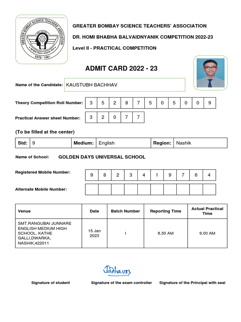 Homi Bhabha Competition Admit Card 2023 | PDF