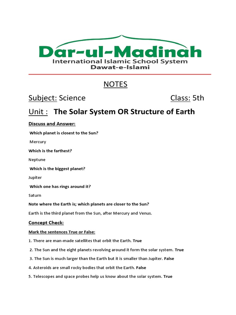 Notes Unit The Solar System or Structure of Earth | PDF | Planets ...