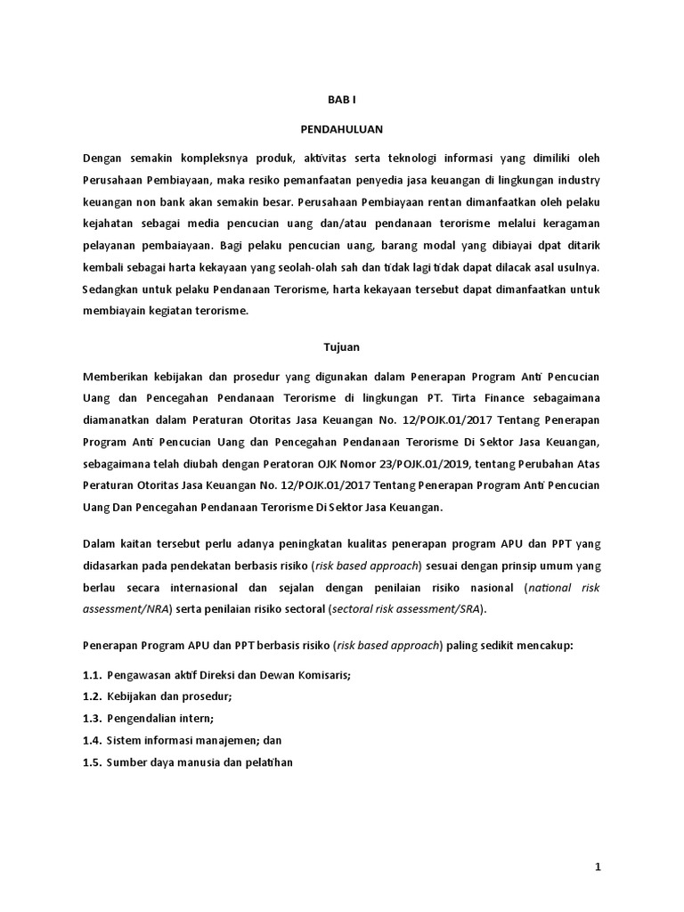 Draft Pedoman Penyesuaian Program APU Dan PPT Terhadap POJK 23.2019 | PDF