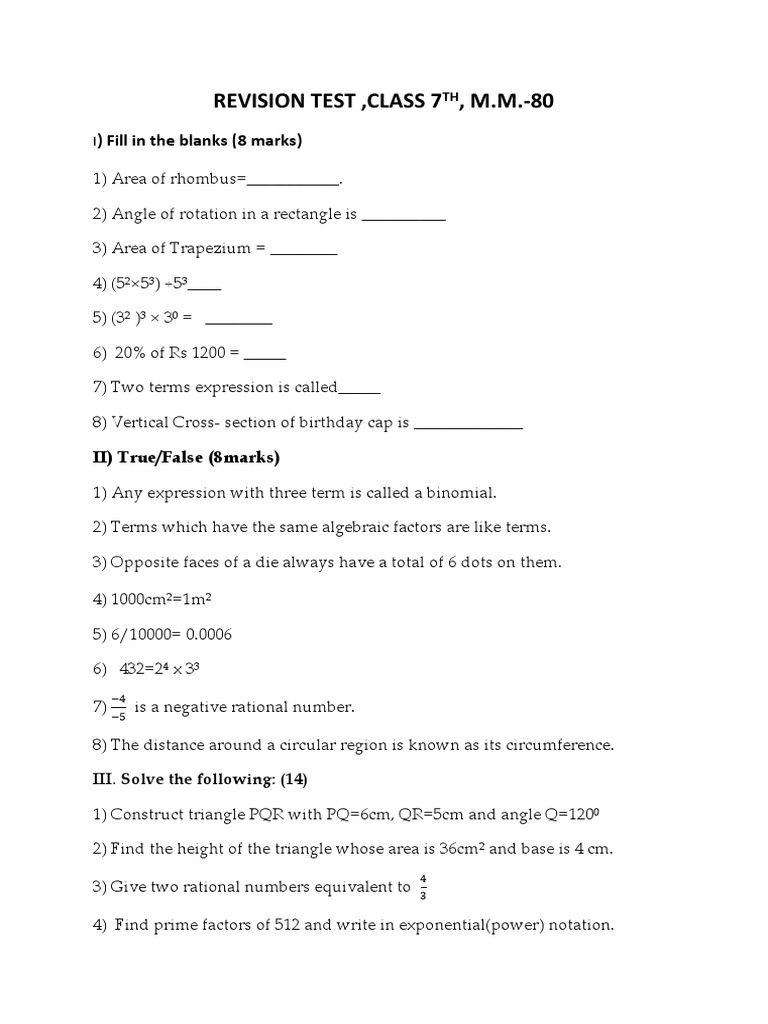 REVISION TEST Paper Class 7th | Download Free PDF | Triangle | Rectangle