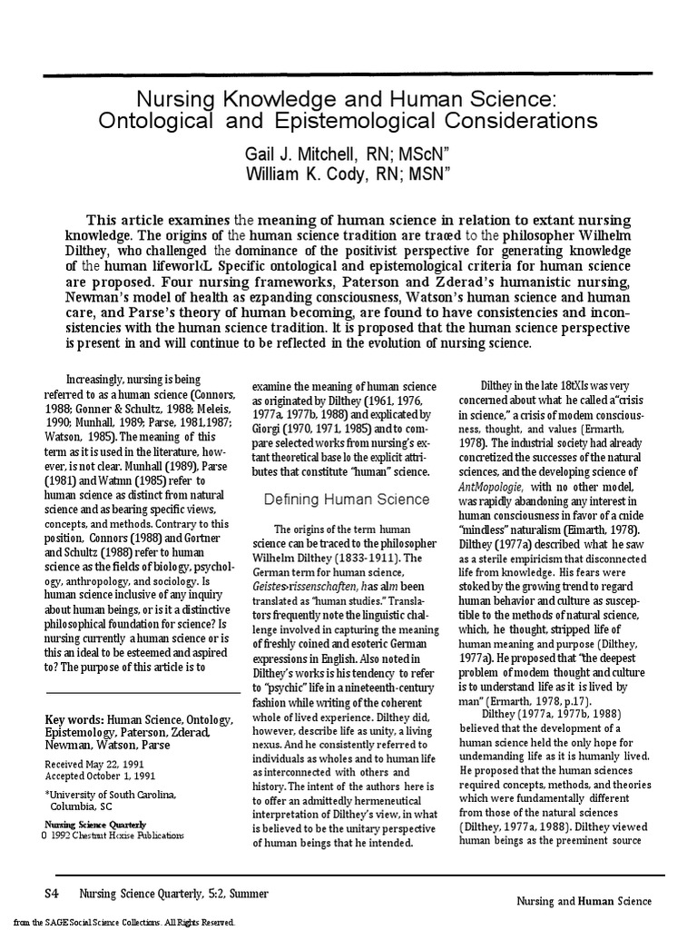 Nursing Knowledge and Human Science: Ontological and Epistemological ...