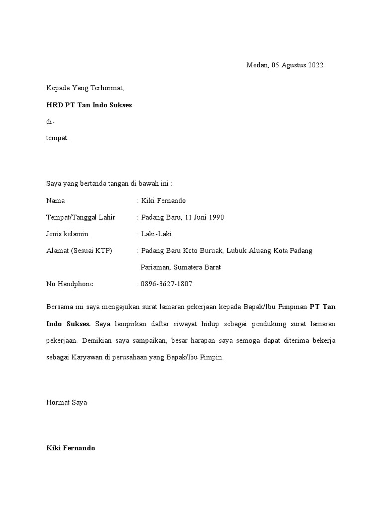 Surat Lamaran Kiki Fernando | PDF