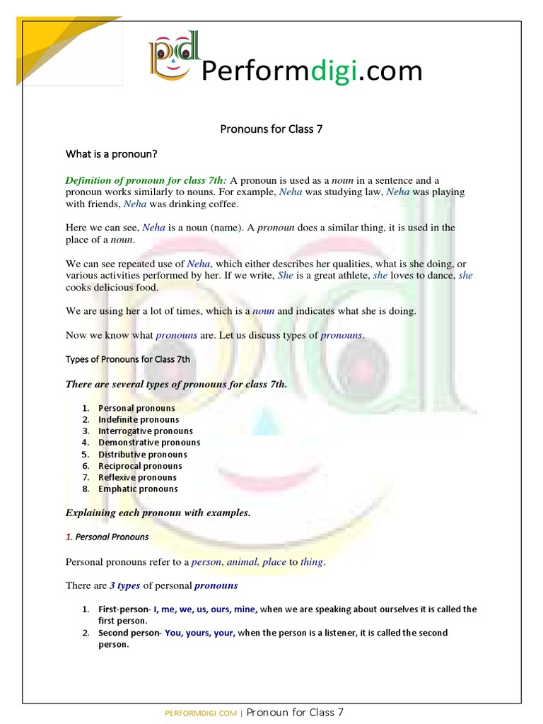 Pronoun For Class 7 | PDF | Pronoun | Syntax