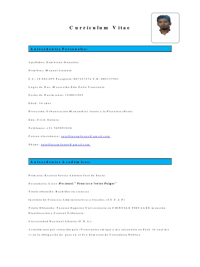 Currículum Vitae Manuel Zambrano PDF | PDF
