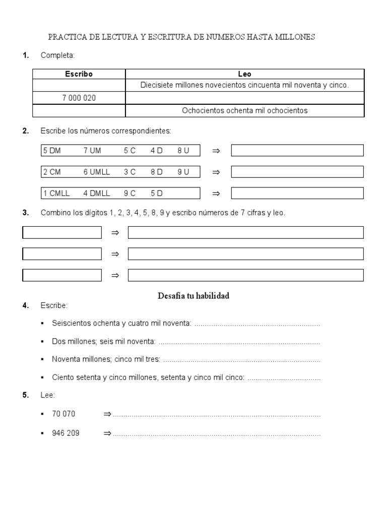 Lectura y Escritura de Numeros Hasta Millones | PDF | Hogar, jardinería ...