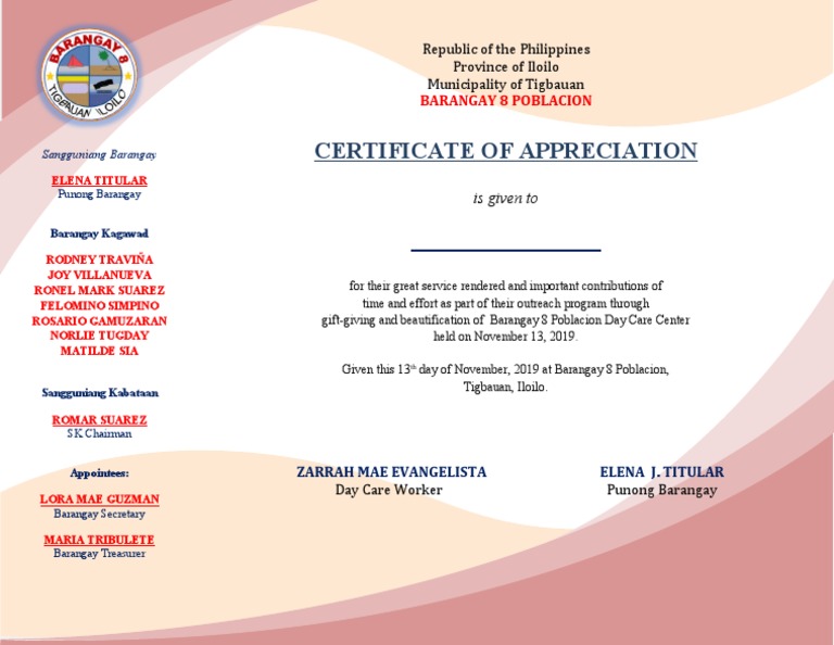 Barangay 8 Certificate Appreciation | PDF