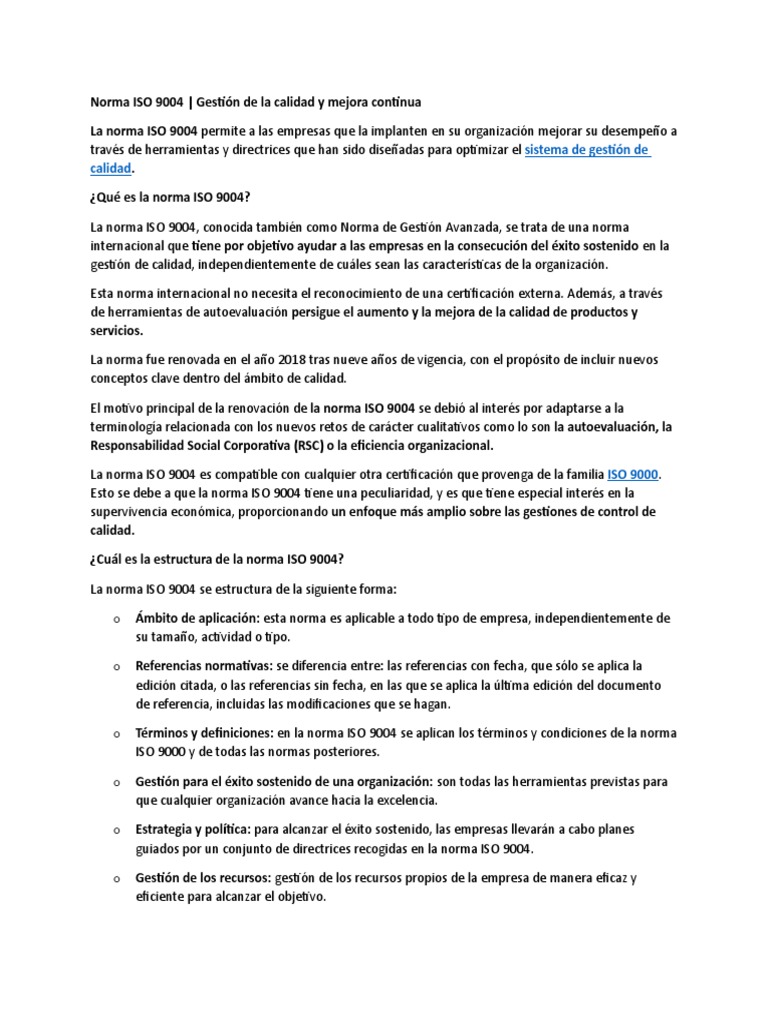Norma ISO 9004 | PDF | Calidad (comercial) | Responsabilidad social ...