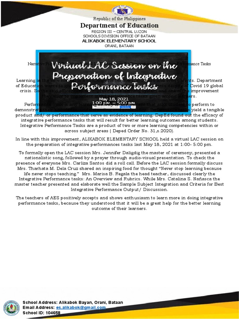 Narrative On Preparation of Integrative Performance Tasks | PDF | Learning | Teachers