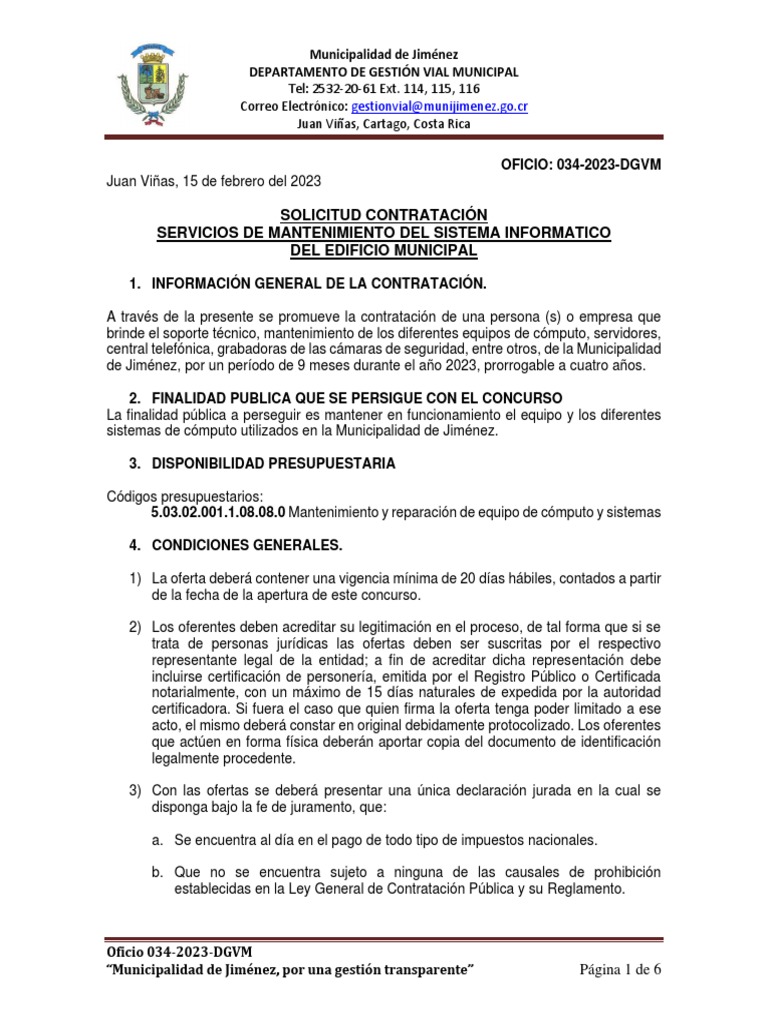 OFICIO 034-2023 Solicitud de Contratación Mantenimiento Sistema Informático | PDF | Computación ...