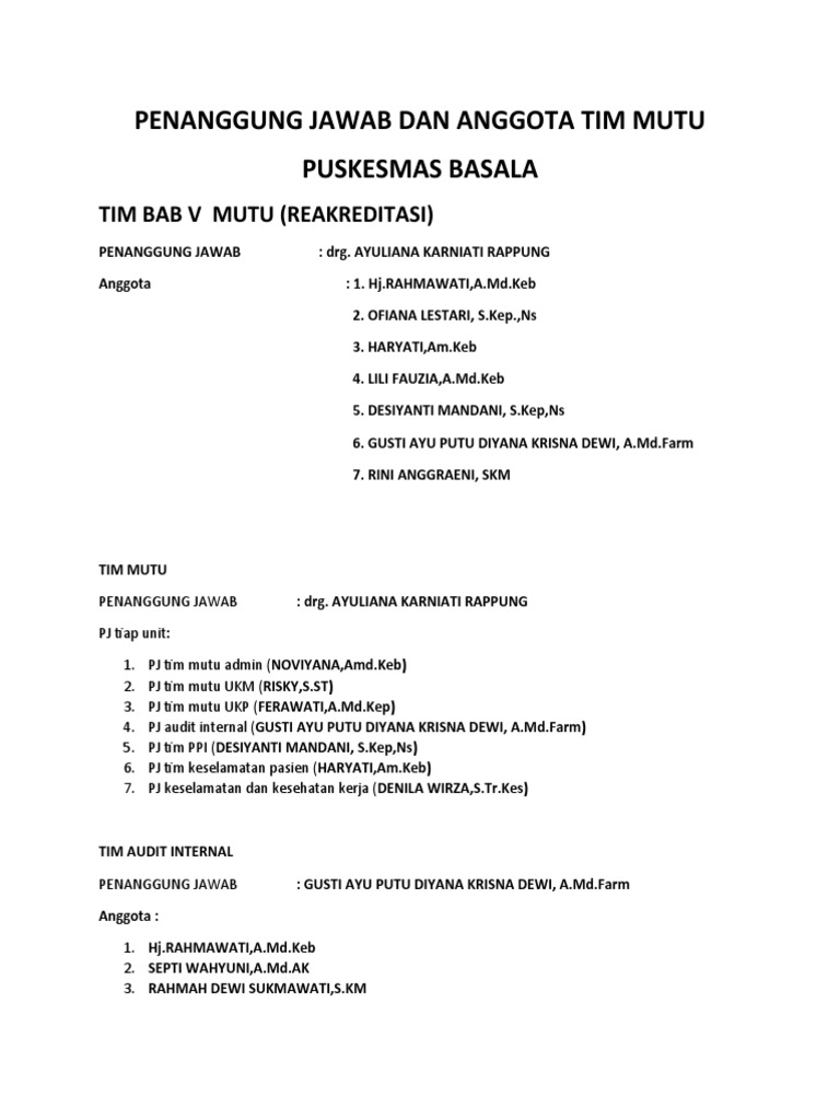 Penanggung Jawab Dan Anggota Tim Mutu-1 | PDF