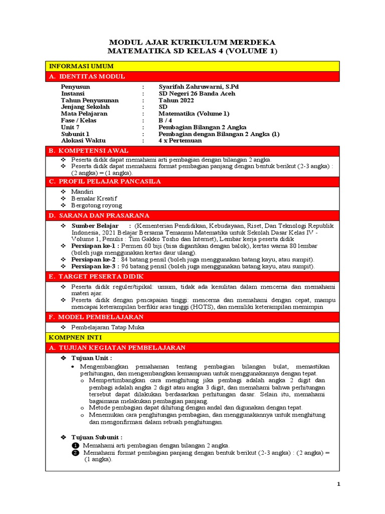 Modul Ajar MTK Unit 7 Kelas 4 Semester 1 | PDF Modul Ajar MTK Unit 7 Kelas 4 Semester 1 | PDF