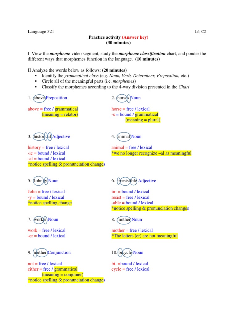 Practice l6 c2 Morphemes Key | PDF | Noun | Verb