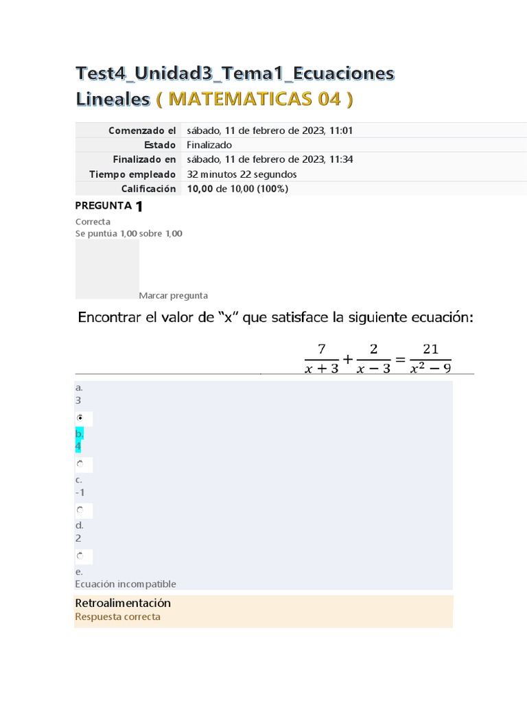 Test 4 de Matematicas 04 | PDF