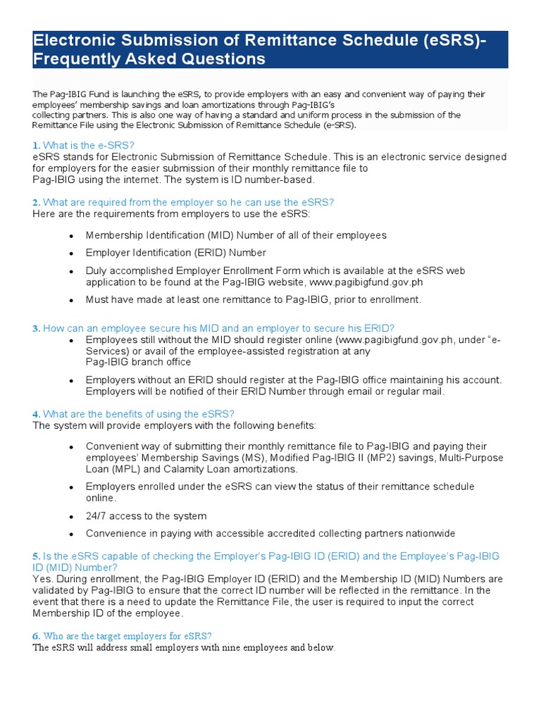 An Introduction to Pag-IBIG Fund's Electronic Submission of Remittance Schedule (eSRS ...