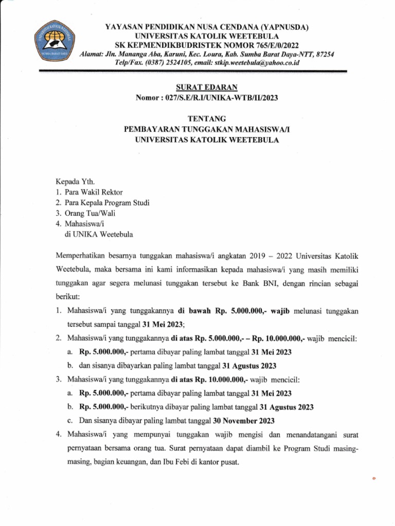 Pembayaran Tunggakan Mahasiswa UNIKA | PDF