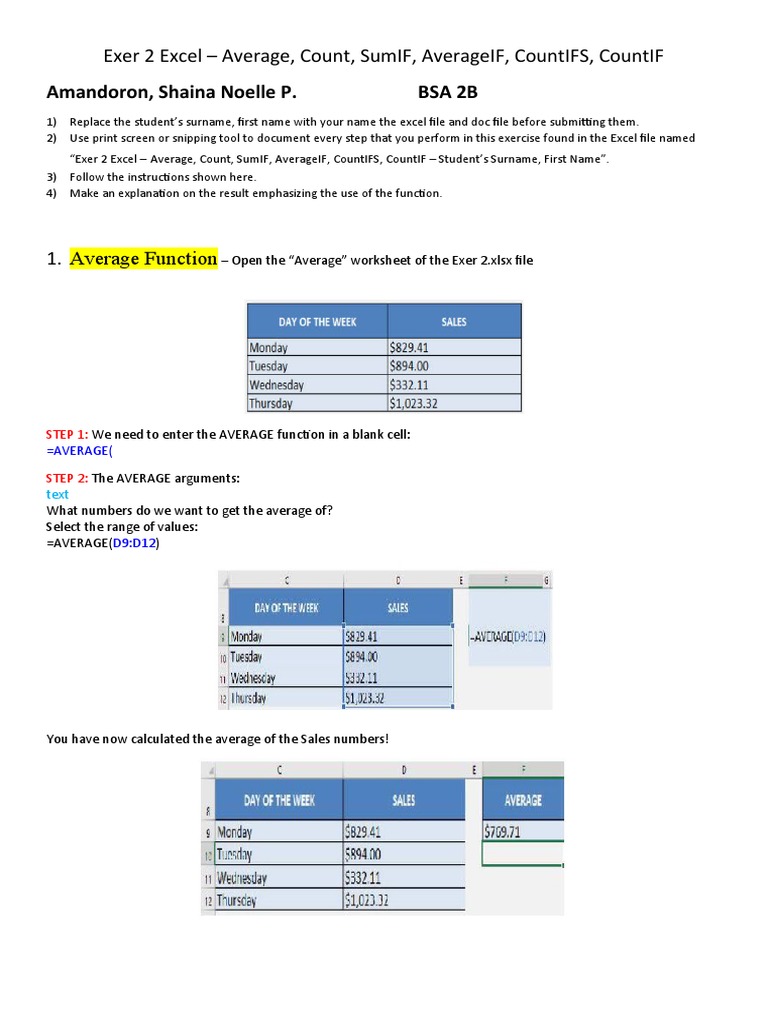 Exer 2 Excel Average Count Sumif Averageif Countif Pdf
