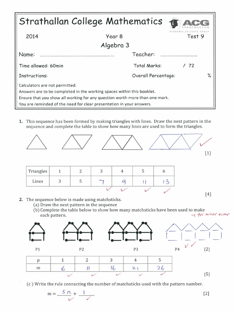 Math Year 08 Algebra 3 ACG 2014 Pattern Graph Solution | PDF